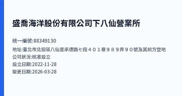 盛喬海洋股份有限公司下八仙營業所的照片-統編 88349130(臺北市) 公司登記資料與營業項目詳細圖表
