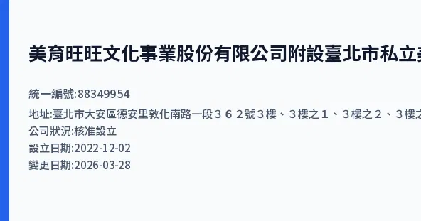 美育旺旺文化事業股份有限公司附設臺北市私立美育音樂舞蹈技藝短期補習班的照片-統編 88349954(臺北市) 公司登記資料與營業項目詳細圖表