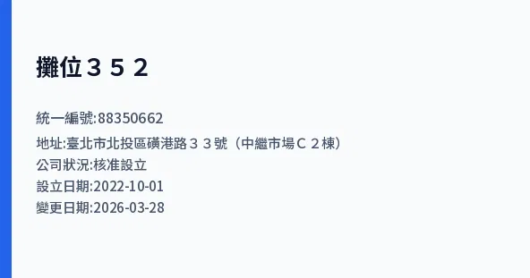 攤位352的照片-統編 88350662(臺北市) 公司登記資料與營業項目詳細圖表