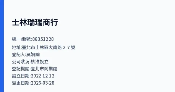 士林瑞瑞商行的照片-統編 88351228(臺北市) 公司登記資料與營業項目詳細圖表