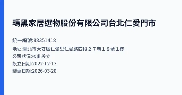 瑪黑家居選物股份有限公司台北仁愛門市的照片-統編 88351418(臺北市) 公司登記資料與營業項目詳細圖表