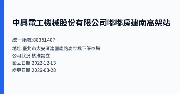 中興電工機械股份有限公司嘟嘟房建南高架站的照片-統編 88351487(臺北市) 公司登記資料與營業項目詳細圖表