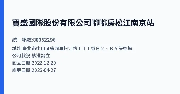 寶盛國際股份有限公司嘟嘟房松江南京站的照片-統編 88352296(臺北市) 公司登記資料與營業項目詳細圖表