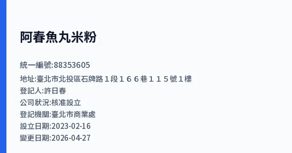 阿春魚丸米粉的照片-統編 88353605(臺北市) 公司登記資料與營業項目詳細圖表
