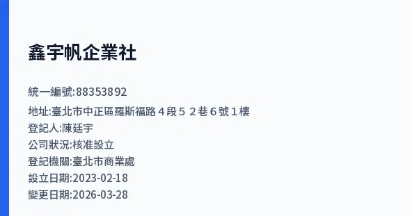 鑫宇帆企業社的照片-統編 88353892(臺北市) 公司登記資料與營業項目詳細圖表