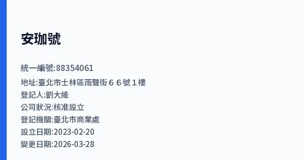 安珈號的照片-統編 88354061(臺北市) 公司登記資料與營業項目詳細圖表