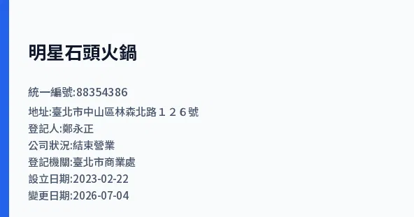 明星石頭火鍋的照片-統編 88354386(臺北市) 公司登記資料與營業項目詳細圖表