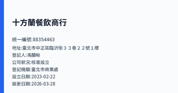 十方蘭餐飲商行的照片-統編 88354463(臺北市) 公司登記資料與營業項目詳細圖表