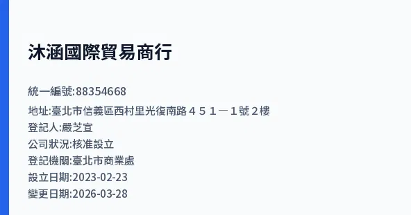 沐涵國際貿易商行的照片-統編 88354668(臺北市) 公司登記資料與營業項目詳細圖表
