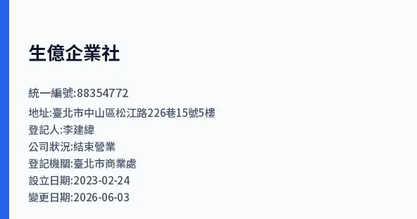 生億企業社的照片-統編 88354772(臺北市) 公司登記資料與營業項目詳細圖表