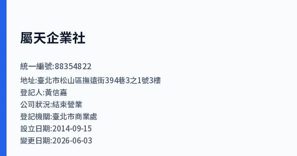 屬天企業社的照片-統編 88354822(臺北市) 公司登記資料與營業項目詳細圖表