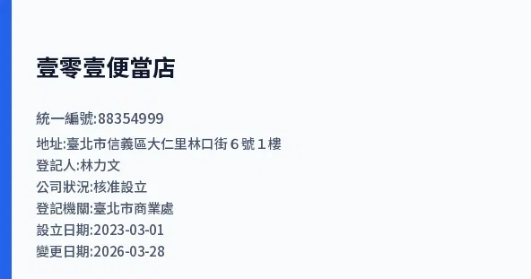 壹零壹便當店的照片-統編 88354999(臺北市) 公司登記資料與營業項目詳細圖表