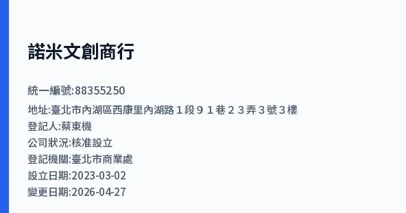 諾米文創商行的照片-統編 88355250(臺北市) 公司登記資料與營業項目詳細圖表