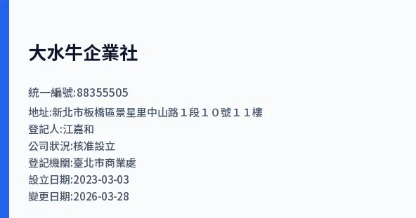 大水牛企業社的照片-統編 88355505(新北市) 公司登記資料與營業項目詳細圖表