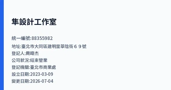 隼設計工作室的照片-統編 88355982(臺北市) 公司登記資料與營業項目詳細圖表
