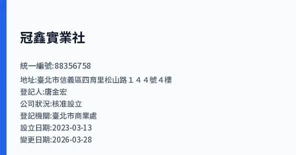冠鑫實業社的照片-統編 88356758(臺北市) 公司登記資料與營業項目詳細圖表