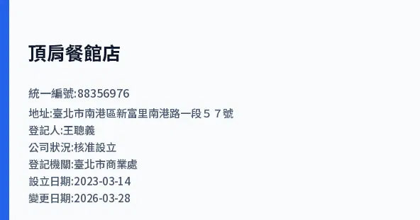 頂肩餐館店的照片-統編 88356976(臺北市) 公司登記資料與營業項目詳細圖表