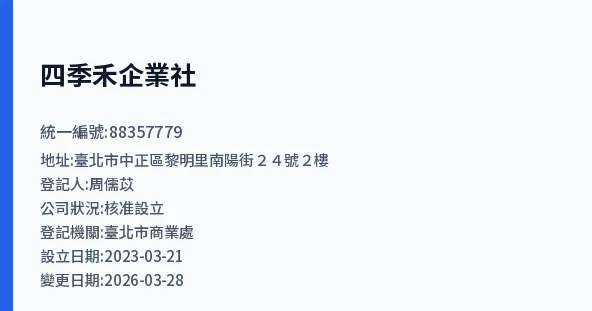 四季禾企業社的照片-統編 88357779(臺北市) 公司登記資料與營業項目詳細圖表