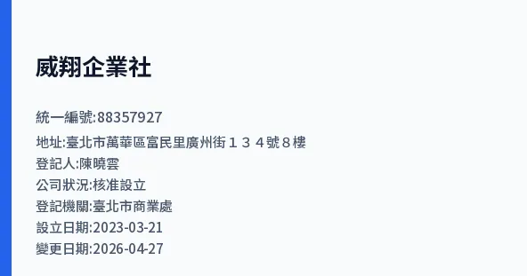威翔企業社的照片-統編 88357927(臺北市) 公司登記資料與營業項目詳細圖表