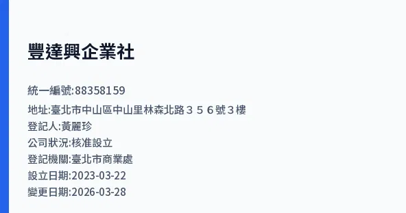 豐達興企業社的照片-統編 88358159(臺北市) 公司登記資料與營業項目詳細圖表