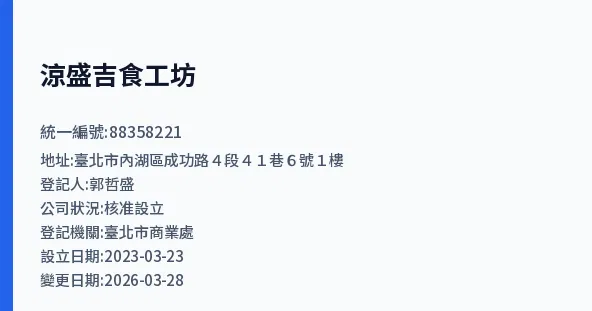 涼盛吉食工坊的照片-統編 88358221(臺北市) 公司登記資料與營業項目詳細圖表