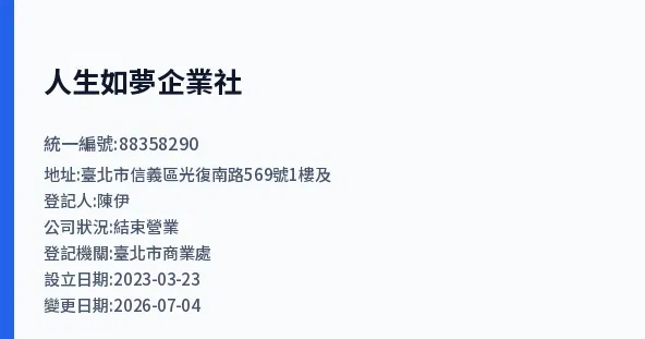 人生如夢企業社的照片-統編 88358290(臺北市) 公司登記資料與營業項目詳細圖表