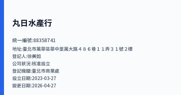 丸日水產行的照片-統編 88358741(臺北市) 公司登記資料與營業項目詳細圖表