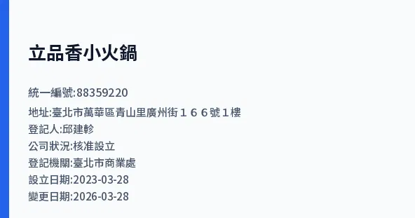 立品香小火鍋的照片-統編 88359220(臺北市) 公司登記資料與營業項目詳細圖表