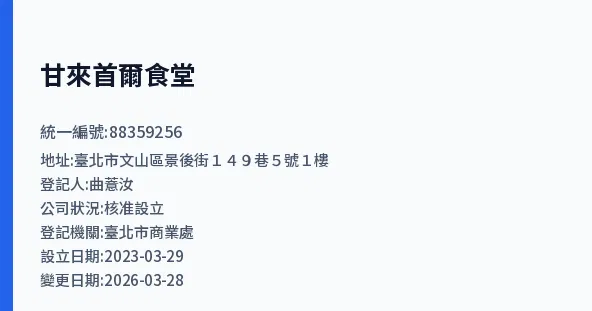 甘來首爾食堂的照片-統編 88359256(臺北市) 公司登記資料與營業項目詳細圖表