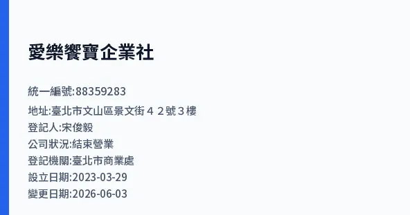 愛樂饗寶企業社的照片-統編 88359283(臺北市) 公司登記資料與營業項目詳細圖表