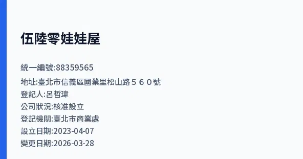 伍陸零娃娃屋的照片-統編 88359565(臺北市) 公司登記資料與營業項目詳細圖表