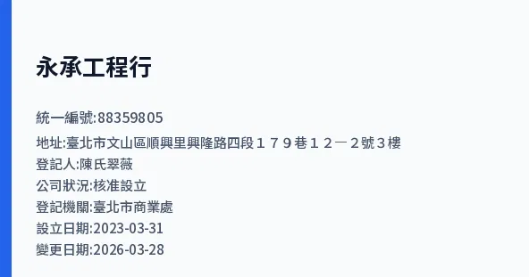 永承工程行的照片-統編 88359805(臺北市) 公司登記資料與營業項目詳細圖表