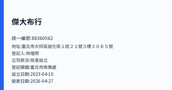 傑大布行的照片-統編 88360562(臺北市) 公司登記資料與營業項目詳細圖表