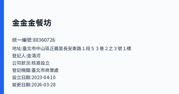 金金金餐坊的照片-統編 88360726(臺北市) 公司登記資料與營業項目詳細圖表