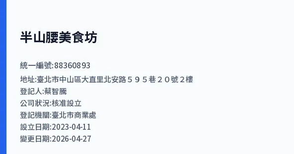 半山腰美食坊的照片-統編 88360893(臺北市) 公司登記資料與營業項目詳細圖表