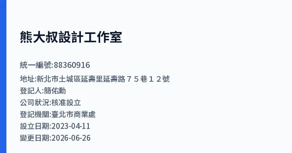 熊大叔設計工作室的照片-統編 88360916(臺北市) 公司登記資料與營業項目詳細圖表
