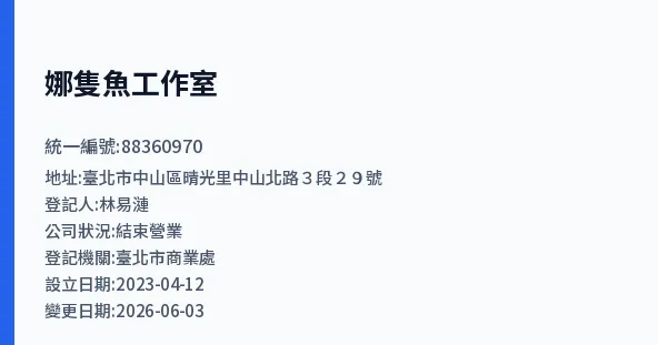 娜隻魚工作室的照片-統編 88360970(臺北市) 公司登記資料與營業項目詳細圖表