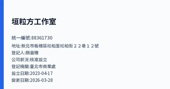垣粒方工作室的照片-統編 88361730(新北市) 公司登記資料與營業項目詳細圖表