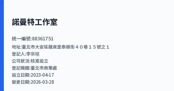 諾曼特工作室的照片-統編 88361751(臺北市) 公司登記資料與營業項目詳細圖表