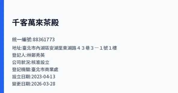 千客萬來茶殿的照片-統編 88361773(臺北市) 公司登記資料與營業項目詳細圖表
