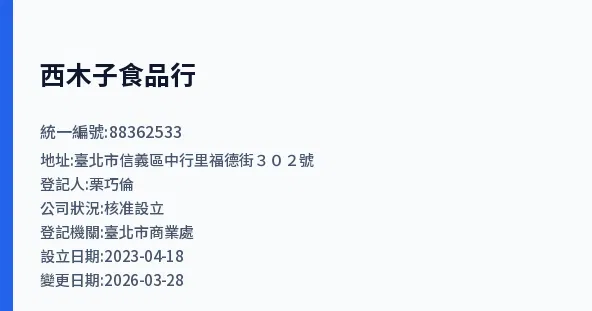 西木子食品行的照片-統編 88362533(臺北市) 公司登記資料與營業項目詳細圖表