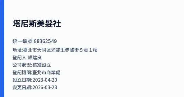 塔尼斯美髮社的照片-統編 88362549(臺北市) 公司登記資料與營業項目詳細圖表