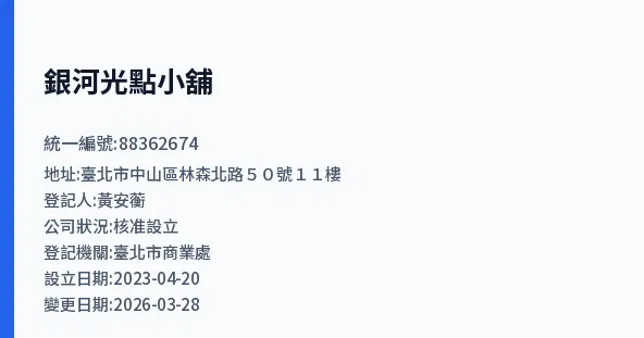 銀河光點小舖的照片-統編 88362674(臺北市) 公司登記資料與營業項目詳細圖表