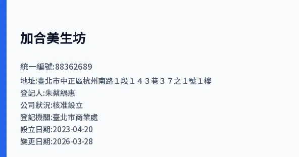 加合美生坊的照片-統編 88362689(臺北市) 公司登記資料與營業項目詳細圖表