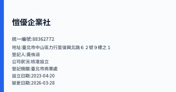 愷優企業社的照片-統編 88362772(臺北市) 公司登記資料與營業項目詳細圖表