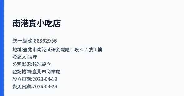 南港寶小吃店的照片-統編 88362956(臺北市) 公司登記資料與營業項目詳細圖表