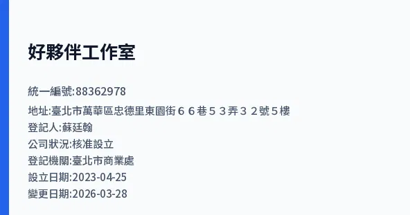 好夥伴工作室的照片-統編 88362978(臺北市) 公司登記資料與營業項目詳細圖表