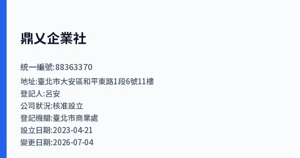 鼎乂企業社的照片-統編 88363370(臺北市) 公司登記資料與營業項目詳細圖表