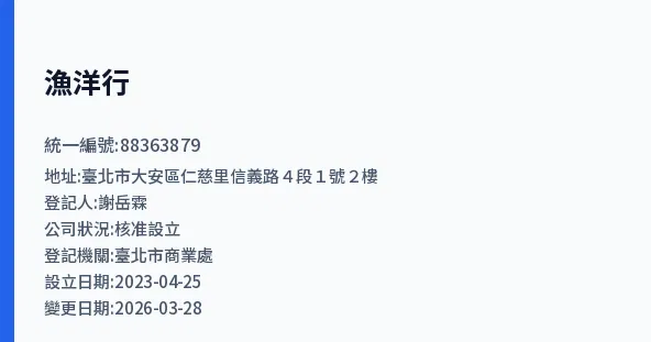 漁洋行的照片-統編 88363879(臺北市) 公司登記資料與營業項目詳細圖表