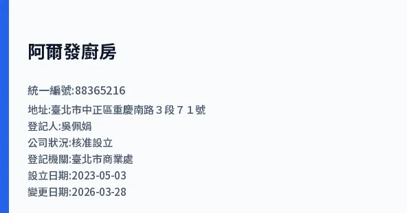 阿爾發廚房的照片-統編 88365216(臺北市) 公司登記資料與營業項目詳細圖表